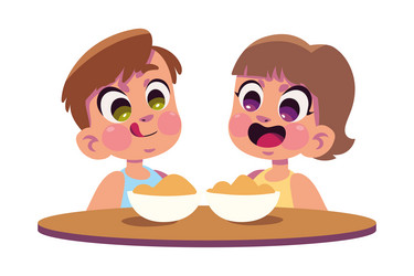 Happy kids having breakfast by themselves two Vector Image