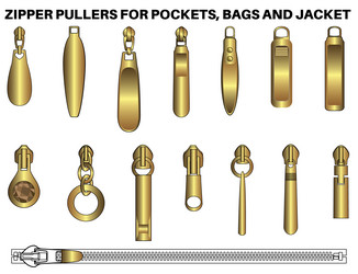 Brass metal zipper puller flat sketch set Vector Image