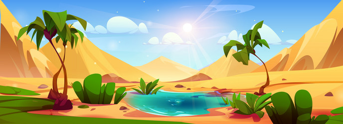 Cartoon oasis in sahara desert with palm landscape