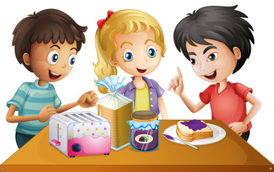 Cartoon kids eating pizza together Royalty Free Vector Image