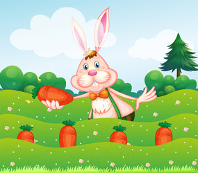 Cartoon rabbit with carrot plant in the garden Vector Image