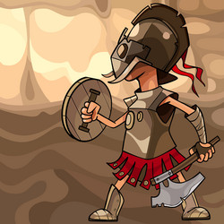 Cartoon man dressed as a medieval guard points his