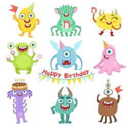 Happy monsters celebrating a birthday Royalty Free Vector