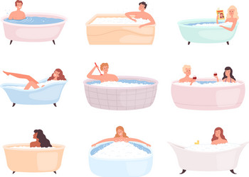 People characters bathing in the bathtub scrubbing