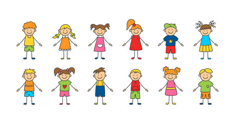 Happy doodle stick children holding hands hand Vector Image