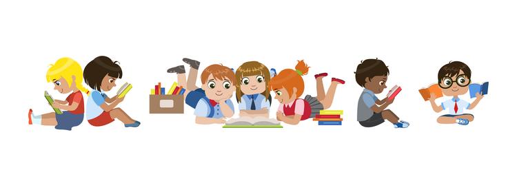 Cute kids reading books set children learning Vector Image