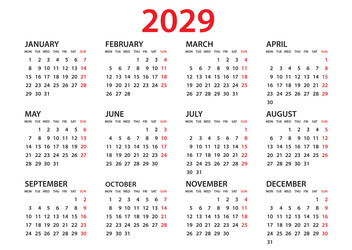 Calendar 2029 template- wall 2029 year Royalty Free Vector