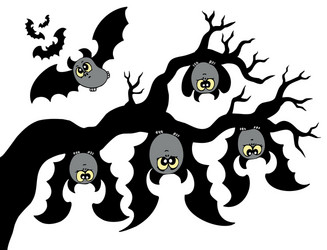 Happy cartoon bat hanging on tree Royalty Free Vector Image