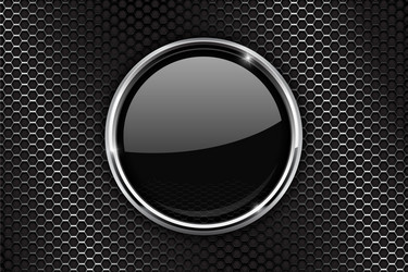 Black round glass button 3d icon with metal frame Vector Image