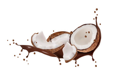 Realistic chocolate milk drink splash with coconut