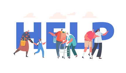 Characters help to cross road for elderly people Vector Image