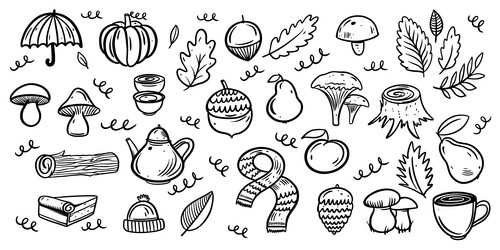 Outline doodle objects autumn set Royalty Free Vector Image