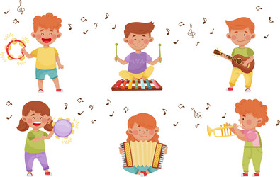 Happy kids playing different musical instruments Vector Image