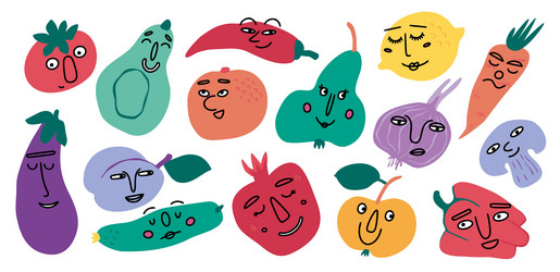 Funny smile vegetables face characters happy Vector Image
