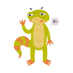 Funny green gecko character sitting and waving paw