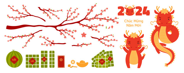 2024 vietnamese new year tet dragon elements set Vector Image