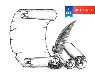 Paper scroll feather and inkwell Royalty Free Vector Image