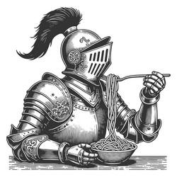 Knight in armor eating spaghetti engraving Vector Image