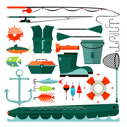 Fisherman fishing tackle fish and boat Royalty Free Vector