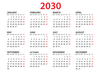 Calendar 2030 template planner year Royalty Free Vector