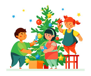 Happy children at christmas tree - colorful flat Vector Image