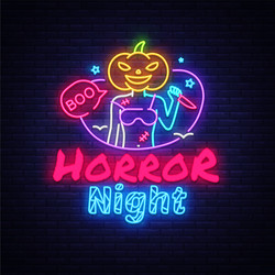 Horror night neon sign halloween poster Royalty Free Vector