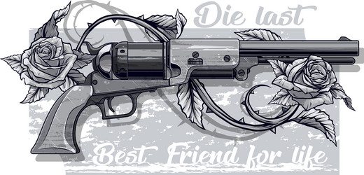 Graphic detailed old revolvers set with roses Vector Image