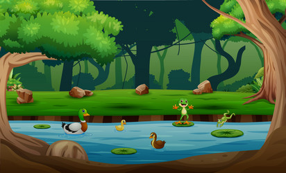 Happy turtles and frogs playing in the river illus
