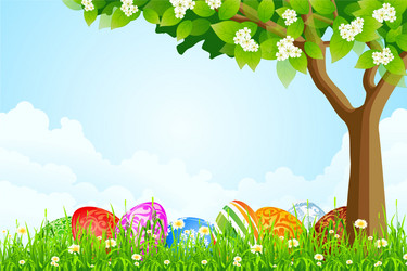 Green tree background with easter eggs Royalty Free Vector