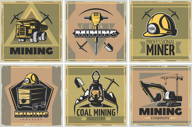 Coal mining retro posters miners equipment Vector Image