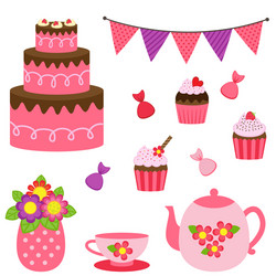 Cute tea set tea party elements with teapot Vector Image