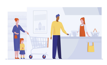 Queue at checkout in supermarket Royalty Free Vector Image