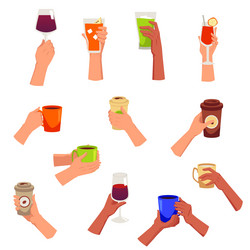 Hands clicking with hot alcoholic and cold drinks Vector Image