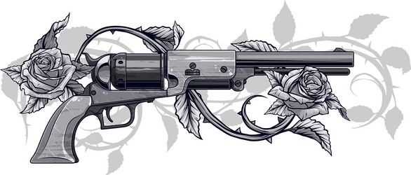 Graphic detailed old revolvers set with roses Vector Image