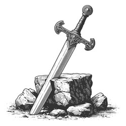 Sword in stone medieval engraving sketch Vector Image