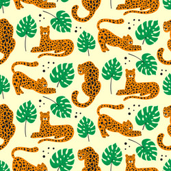 Leopard head and tropical leaves pattern Vector Image