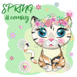Cartoon cat with a wreath spring is coming cute Vector Image
