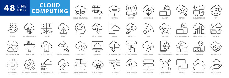 Cloud computing line icons set services Royalty Free Vector