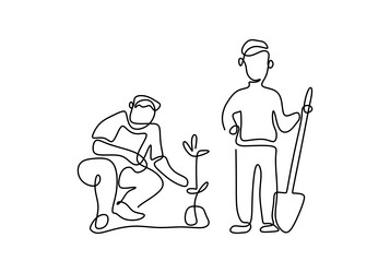 One single line drawing two man digging ground Vector Image