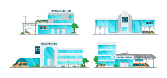 Railway station building cartoon set Royalty Free Vector