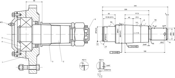 Shaft sketch with hatching engineering drawing Vector Image