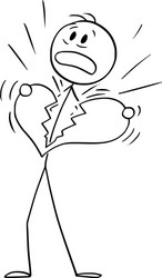 Sad stick figure near broken heart Royalty Free Vector Image