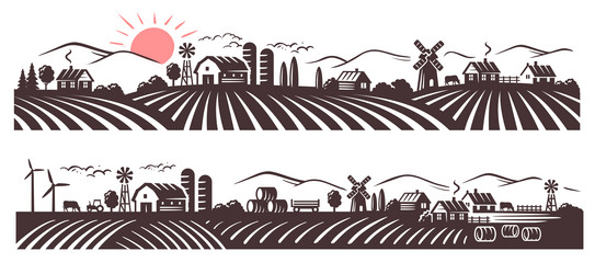 Farm and field black retro rural Royalty Free Vector Image