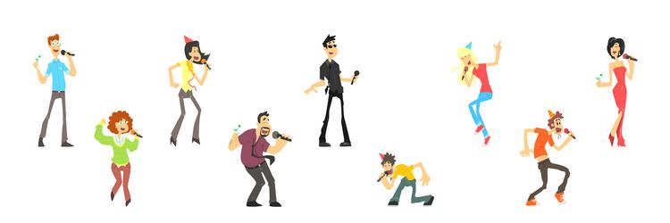 People singing in karaoke stand with microphone Vector Image