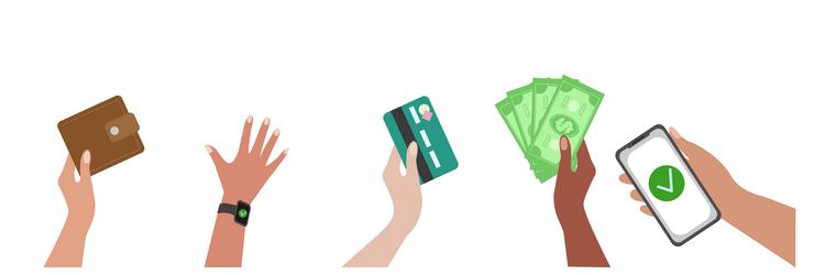 Hands with different payment methods Royalty Free Vector