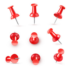 Realistic plastic glossy red push pins Royalty Free Vector