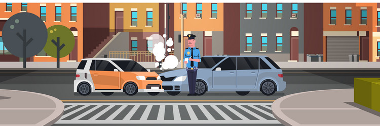 Crashed car road accident police officer Vector Image