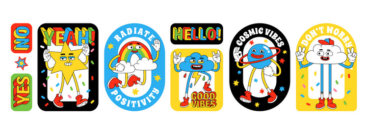 Retro cartoon flower character sticker pack Vector Image