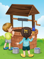 Boy take water in the well Royalty Free Vector Image