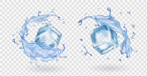 Ice cube surrounded by water splash mid-motion Vector Image